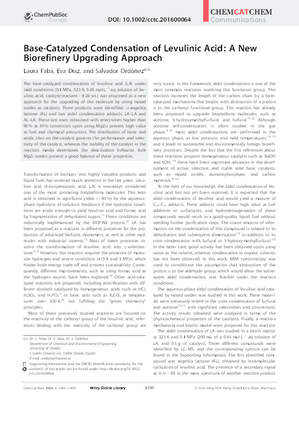 (PDF) Base-Catalyzed Condensation of Levulinic Acid:ANew Biorefinery ...