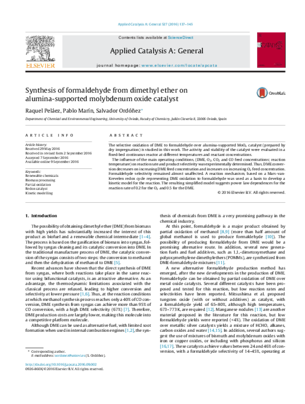 (PDF) Synthesis of formaldehyde from dimethyl ether on alumina ...