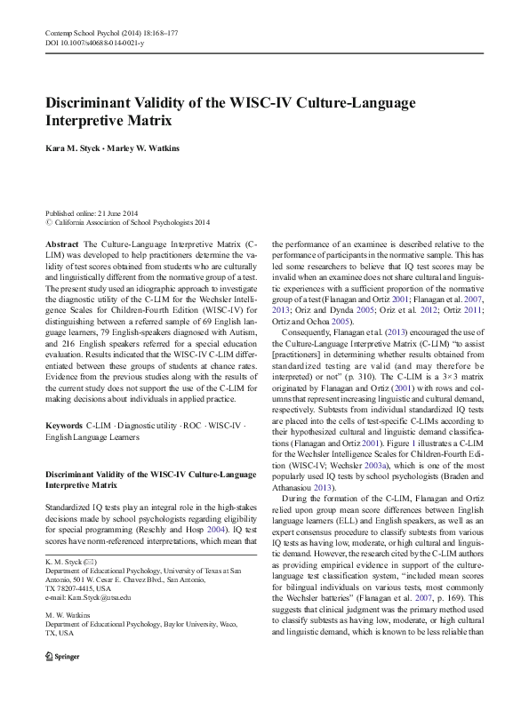 (PDF) Discriminant Validity of the WISC-IV Culture-Language ...