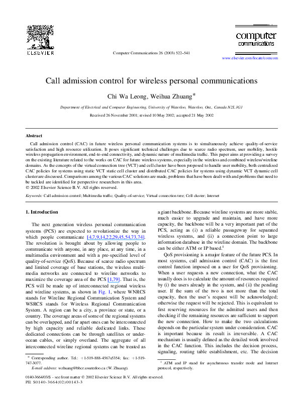 Pdf Call Admission Control For Wireless Personal Communications