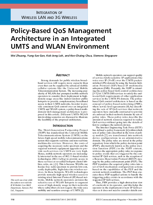 (PDF) Integration of wireless LAN and 3G wireless - Policy-based QoS management architecture in ...
