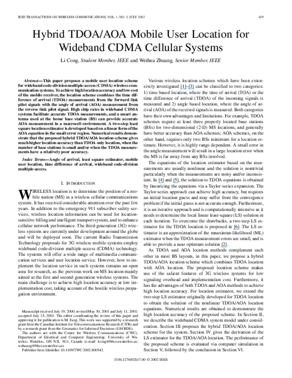 (PDF) Hybrid TDOA/AOA mobile user location for wideband CDMA cellular systems