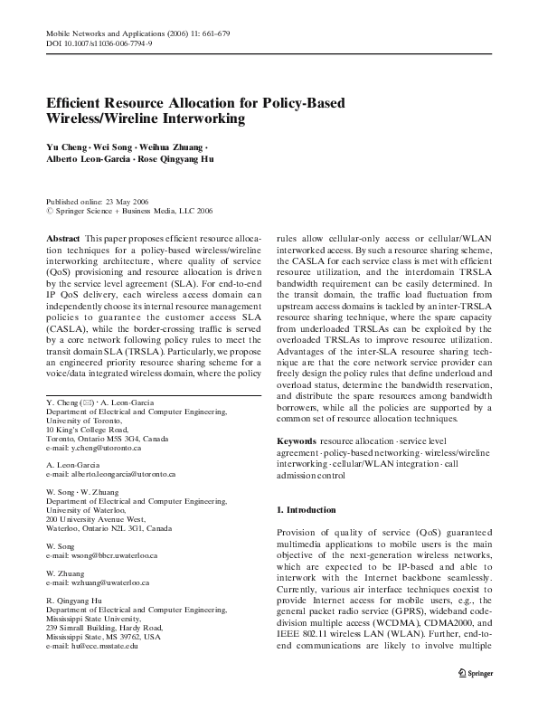 (PDF) Efficient Resource Allocation for Policy-Based Wireless/Wireline Interworking