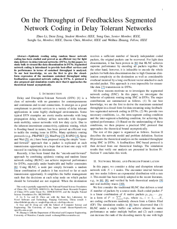 Pdf On The Throughput Of Feedbackless Segmented Network Coding In Delay Tolerant Networks