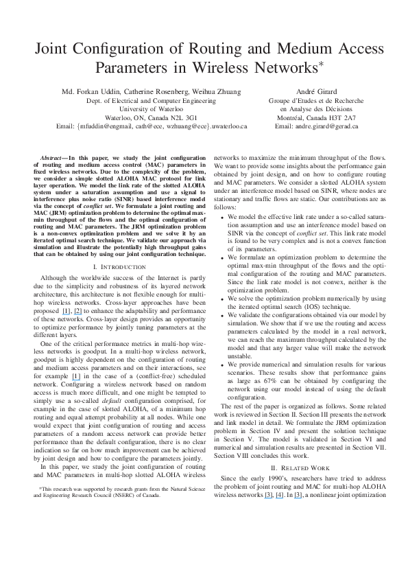 Pdf Joint Configuration Of Routing And Medium Access Parameters In Wireless Networks Weihua