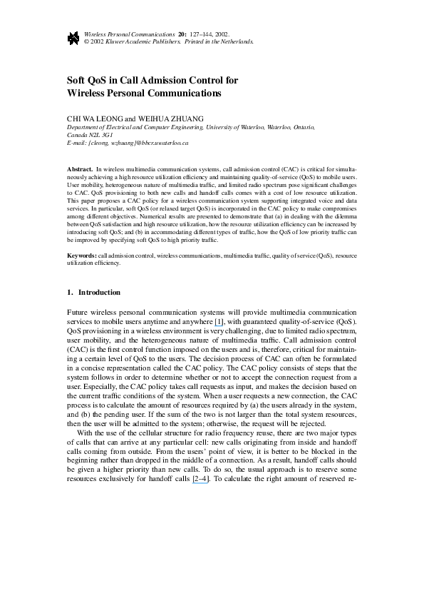 (PDF) Soft QoS in call admission control for wireless personal communications