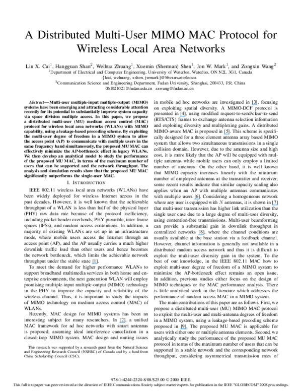 (PDF) A Distributed Multi-User MIMO MAC Protocol for Wireless Local Area Networks | Weihua ...