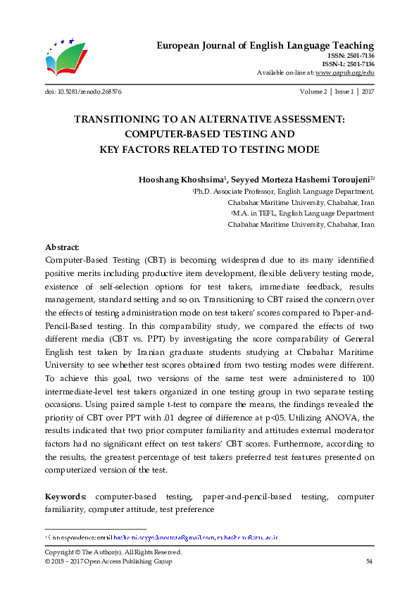 Pdf Transitioning To An Alternative Assessment Computer Based Testing And Key Factors Related