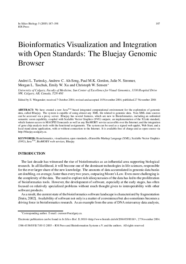 (PDF) Bioinformatics visualization and integration with open standards: the Bluejay genomic browser