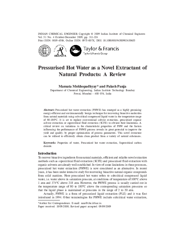 (PDF) Pressurised Hot Water as a Novel Extractant of Natural Products ...
