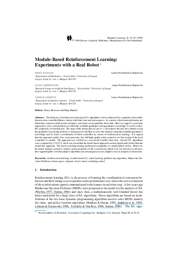 (PDF) Module-based reinforcement learning: Experiments with a real robot