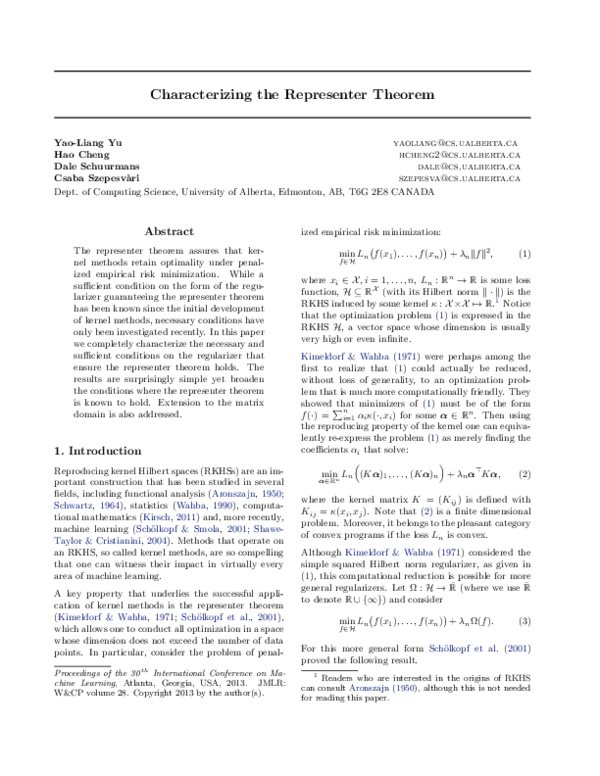 (PDF) Characterizing the representer theorem | Csaba Szepesvari ...