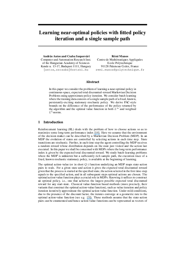 (PDF) Learning near-optimal policies with fitted policy iteration and a single sample path