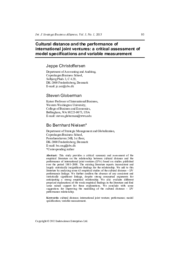 (PDF) Cultural distance and the performance of international joint ...