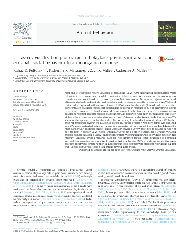 (PDF) Ultrasonic vocalization production and playback predicts ...