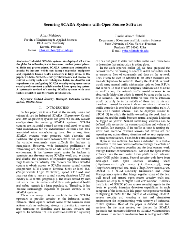 (PDF) Securing SCADA systems with open source software