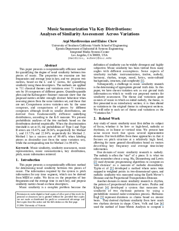 (PDF) Music summarization via key distributions: analyses of similarity ...