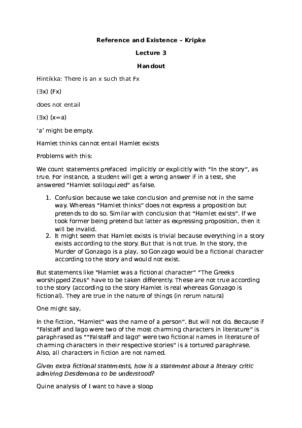 (DOC) Reference and Existence – Kripke Lecture 3 Handout