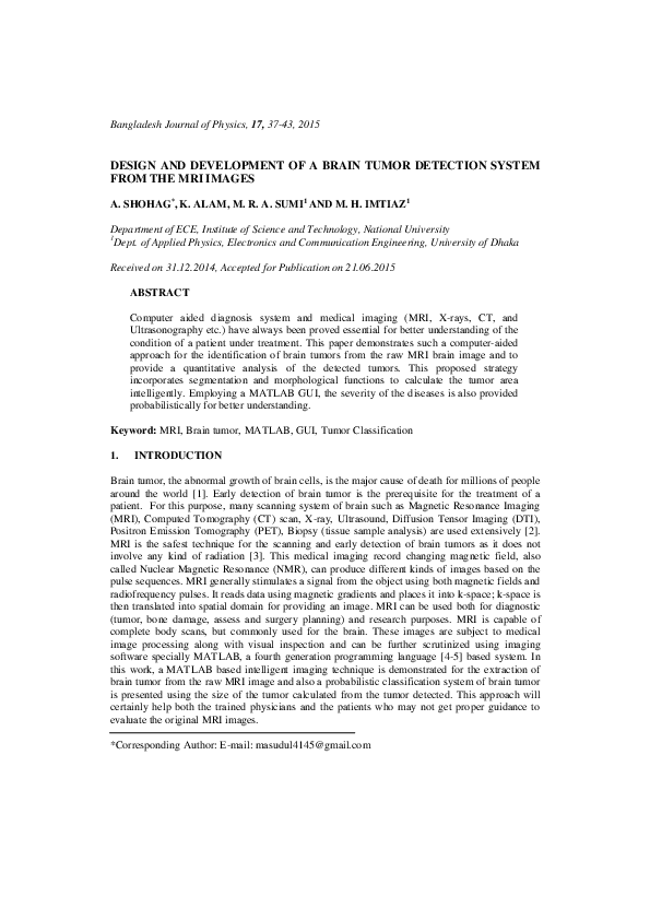 (PDF) DESIGN AND DEVELOPMENT OF A BRAIN TUMOR DETECTION SYSTEM FROM THE ...