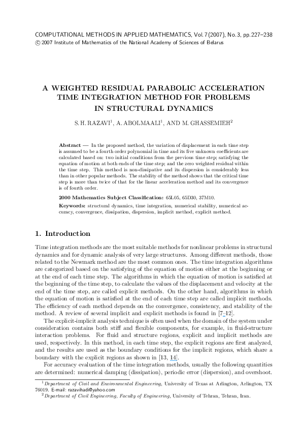 Pdf A Weighted Residual Parabolic Acceleration Time Integration Method For Problems In