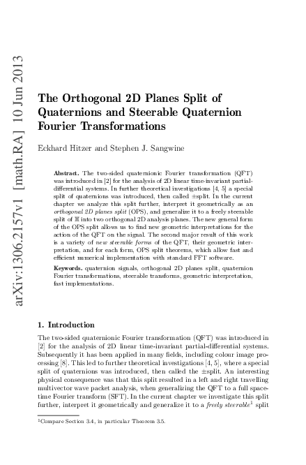 (PDF) The Orthogonal 2D Planes Split of Quaternions and Steerable Quaternion Fourier Transformations