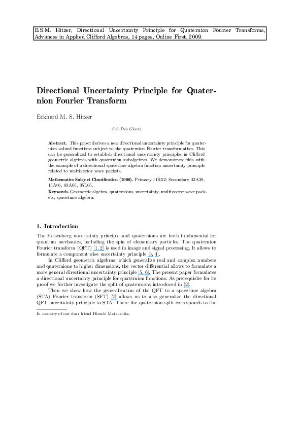 (PDF) An uncertainty principle for quaternion Fourier transform