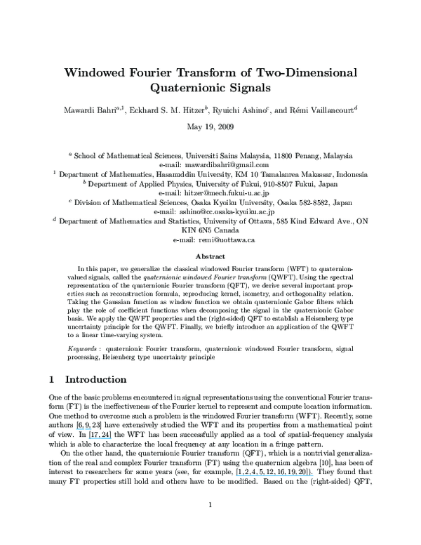 Pdf Windowed Fourier Transform Of Two Dimensional Quaternionic Signals