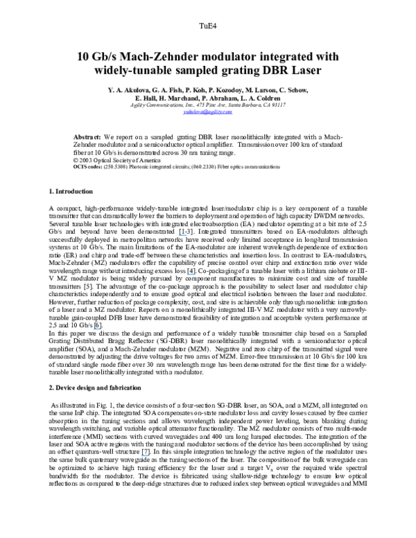 (PDF) 10 Gb/s Mach-Zehnder modulator integrated with widely-tunable sampled grating DBR Laser