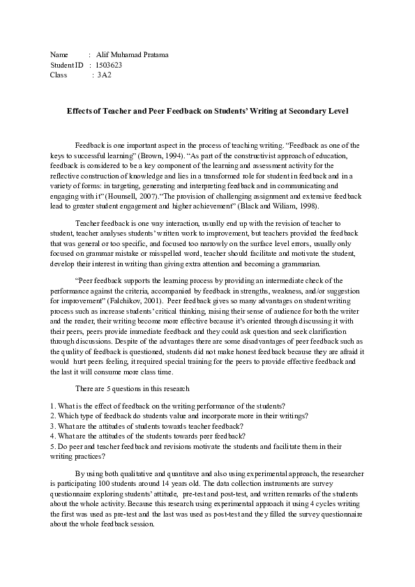 (DOC) Effects of Teacher and Peer Feedback on Students’ Writing at ...