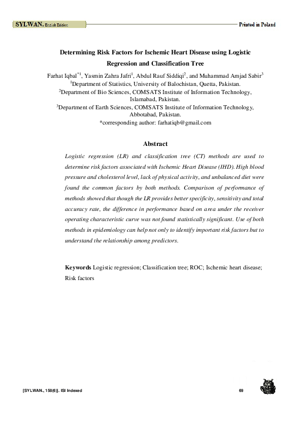 (PDF) Determining Risk Factors for Ischemic Heart Disease using Logistic Regression and ...