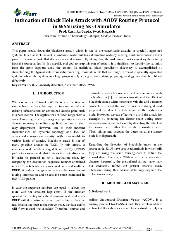 Pdf Intimation Of Black Hole Attack With Aodv Routing Protocol In Wsn Using Ns 3 Simulator