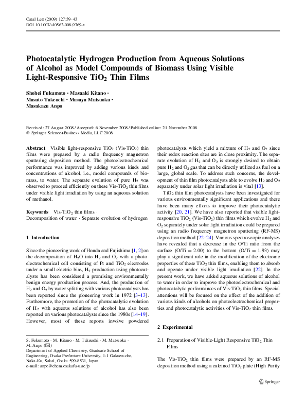 (PDF) Photocatalytic Hydrogen Production from Aqueous Solutions of Alcohol as Model Compounds of ...