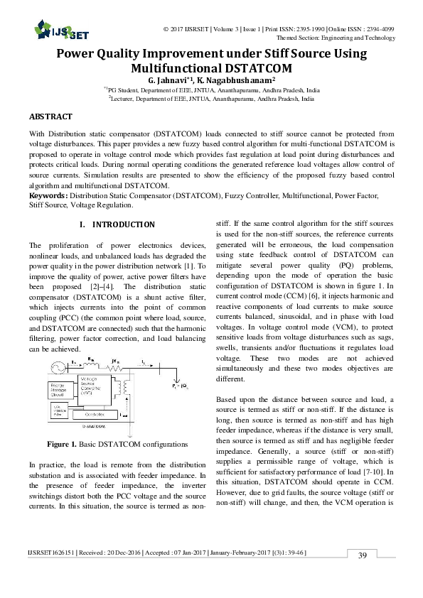 (PDF) Power Quality Improvement under Stiff Source Using Multifunctional DSTATCOM