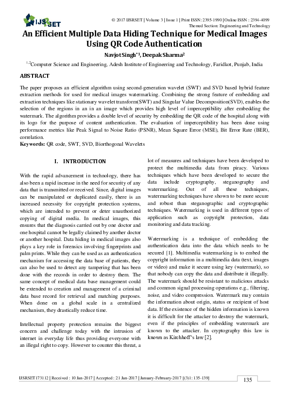 Pdf An Efficient Multiple Data Hiding Technique For Medical Images Using Qr Code