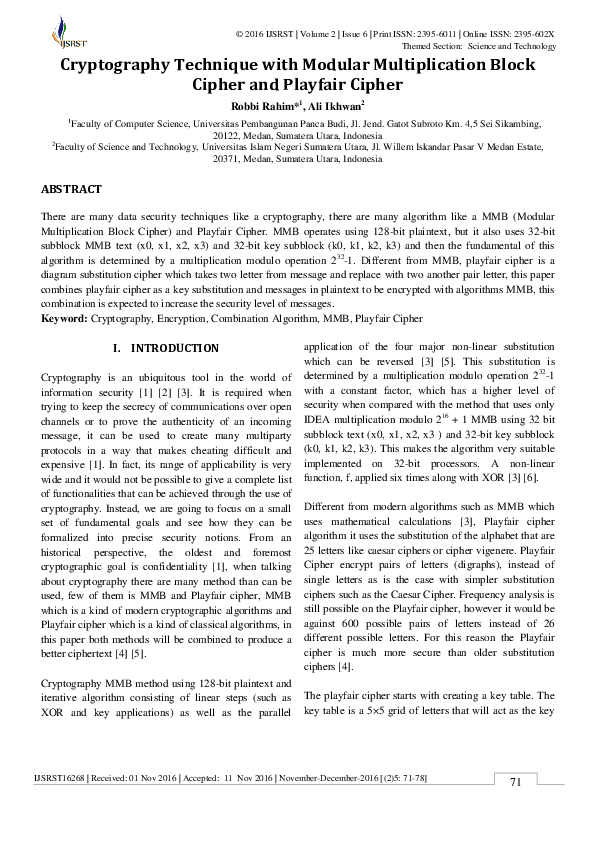 Pdf Cryptography Technique With Modular Multiplication Block Cipher