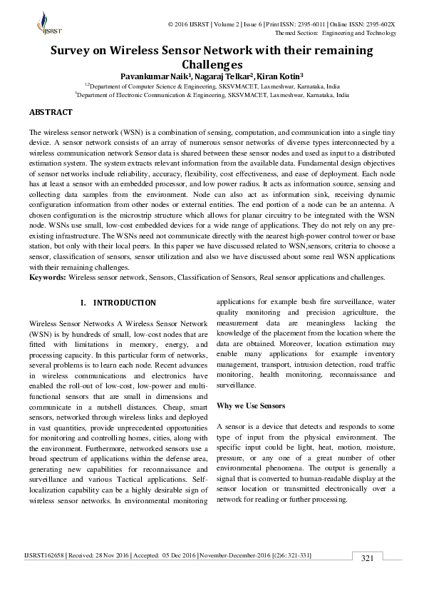Pdf Survey On Wireless Sensor Network With Their Remaining Challenges International Journal