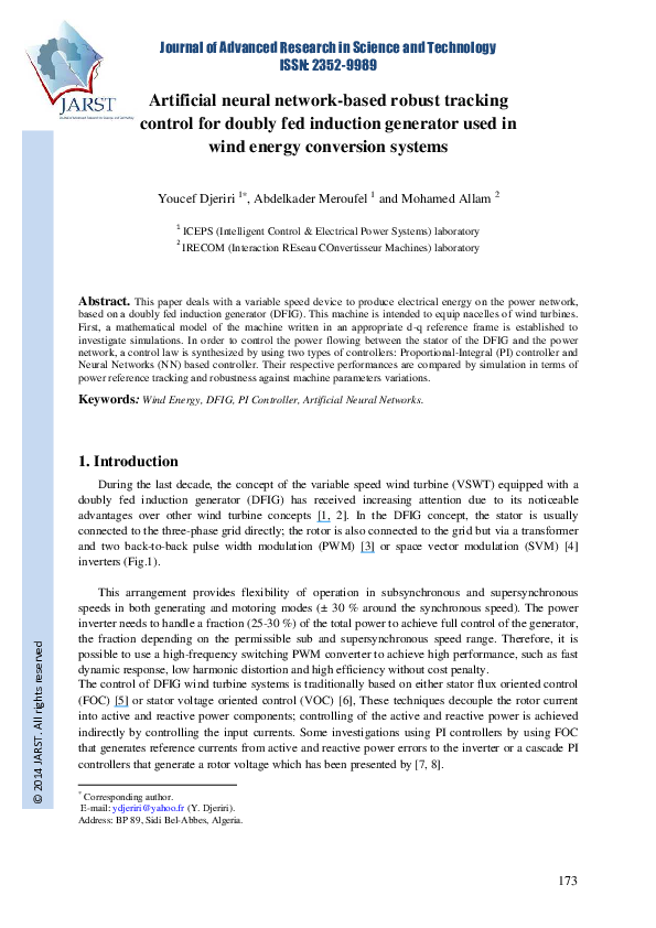 Pdf Artificial Neural Network Based Robust Tracking Control For Doubly Fed Induction Generator