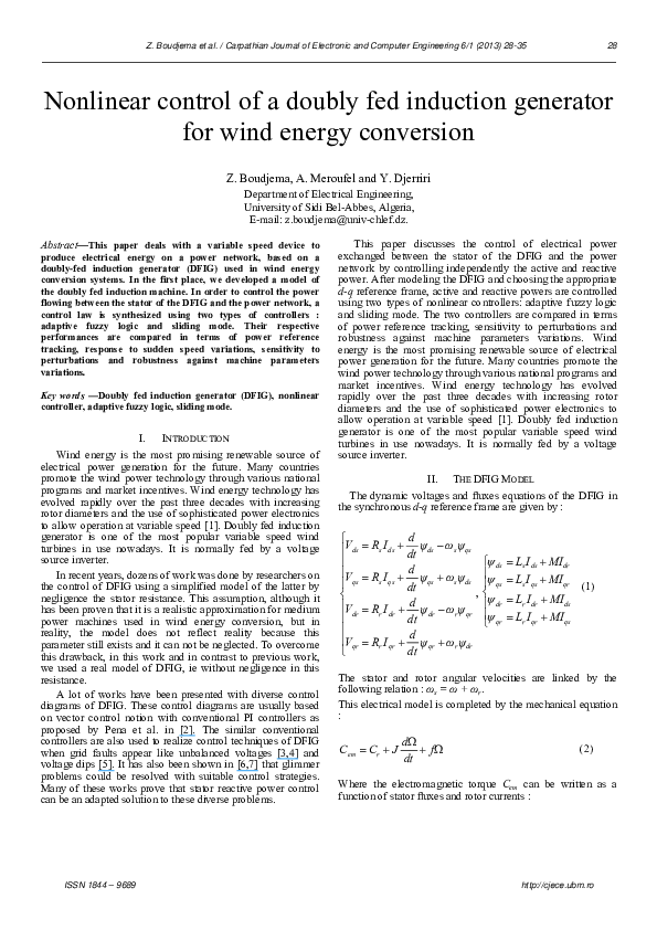 (PDF) Nonlinear Control of a Doubly Fed Induction Generator Supplied by a Matrix Converter for ...