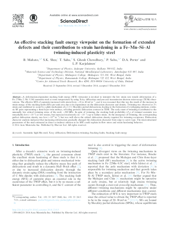 (PDF) An effective stacking fault energy viewpoint on the formation of extended defects and ...