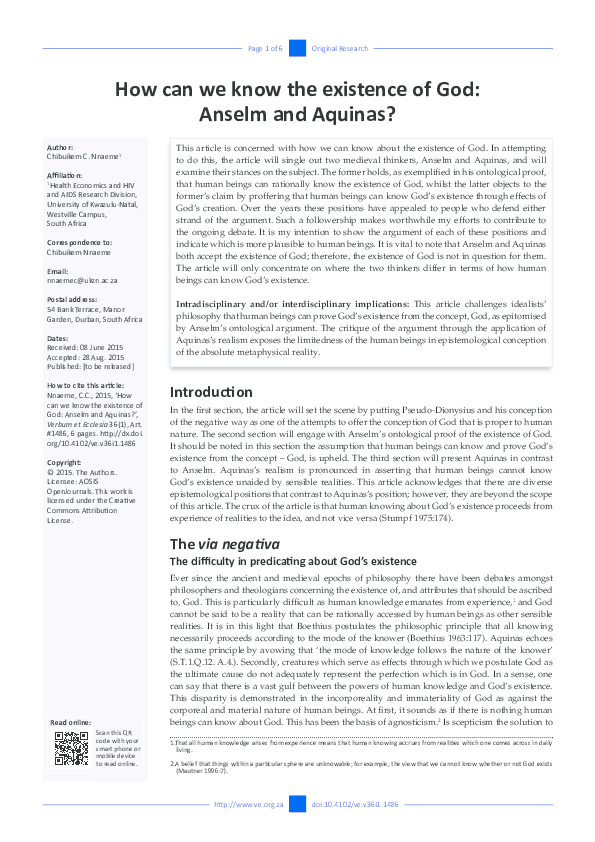 (PDF) How can we know the existence of God: Anselm and Aquinas?