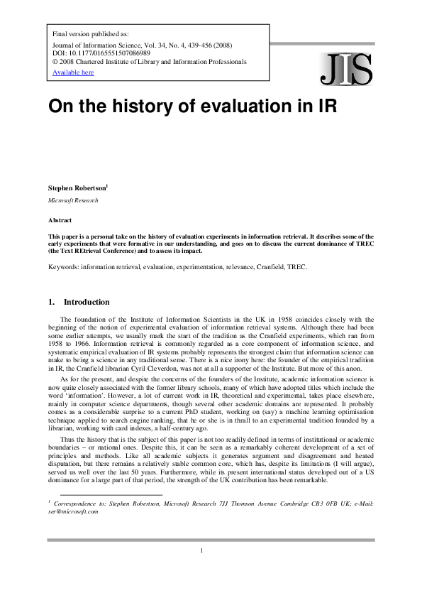 (PDF) On the history of evaluation in IR