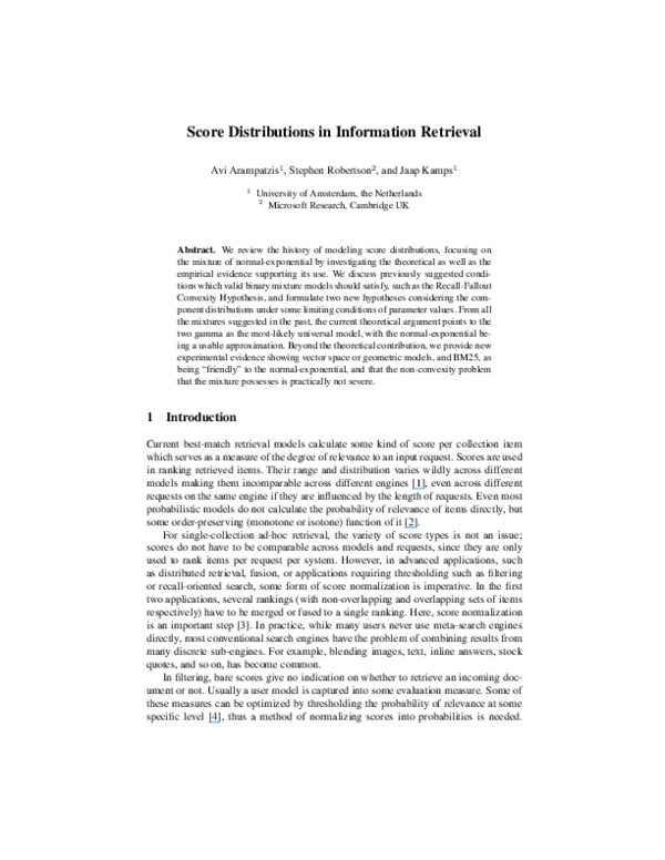(PDF) Score Distributions in Information Retrieval | Stephen Robertson ...