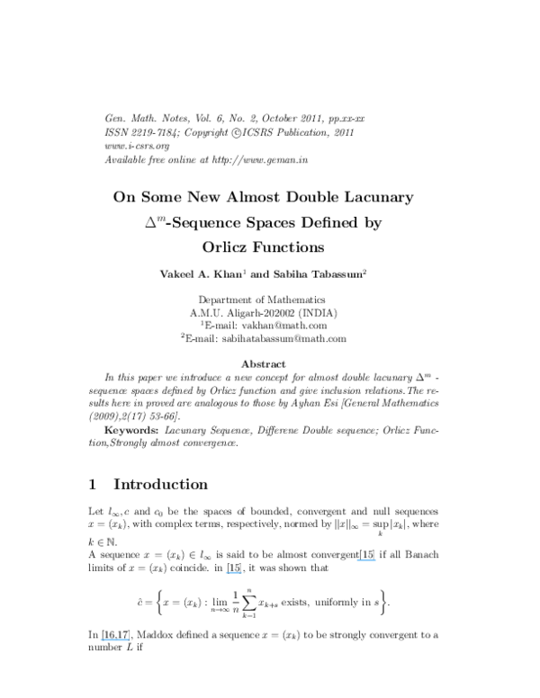 (PDF) On Some New Almost Double Lacunary m-Sequence Spaces De ned by Orlicz Functions