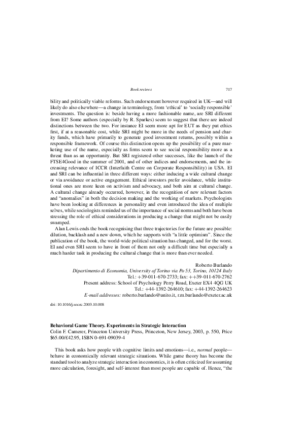 (PDF) "Behavioral Game Theory. Experiments in Strategic Interaction ...