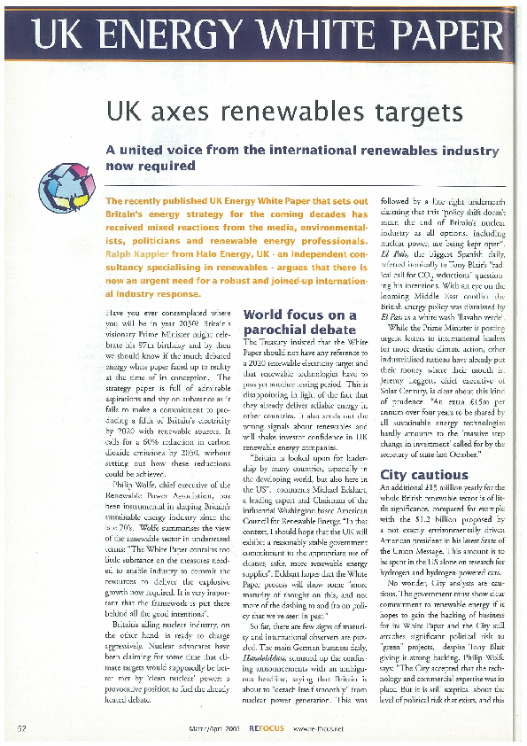 (PDF) UK ENERGY WHITE PAPER - Axed Renewable Targets - Ralph Kappler ...