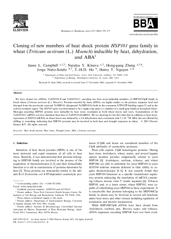 (PDF) Cloning of new members of heat shock protein HSP101 gene family ...