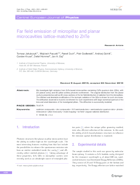 (PDF) Far field emission of micropillar and planar microcavities ...