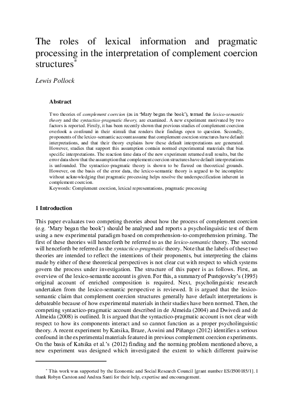 (PDF) The roles of lexical information and pragmatic processing in the interpretation of ...