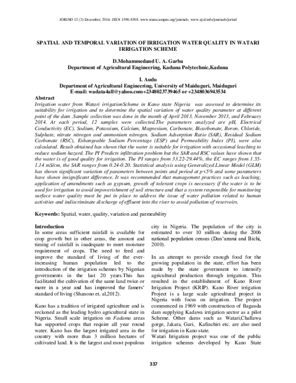 Pdf Spatial And Temporal Variation Of Irrigation Water Quality In Watari Irrigation Scheme