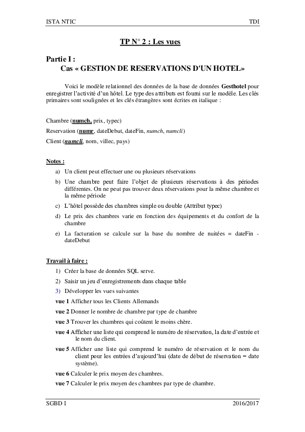 (PDF) TP N° 2 : Les vues Partie I : Cas « GESTION DE RESERVATIONS D'UN ...
